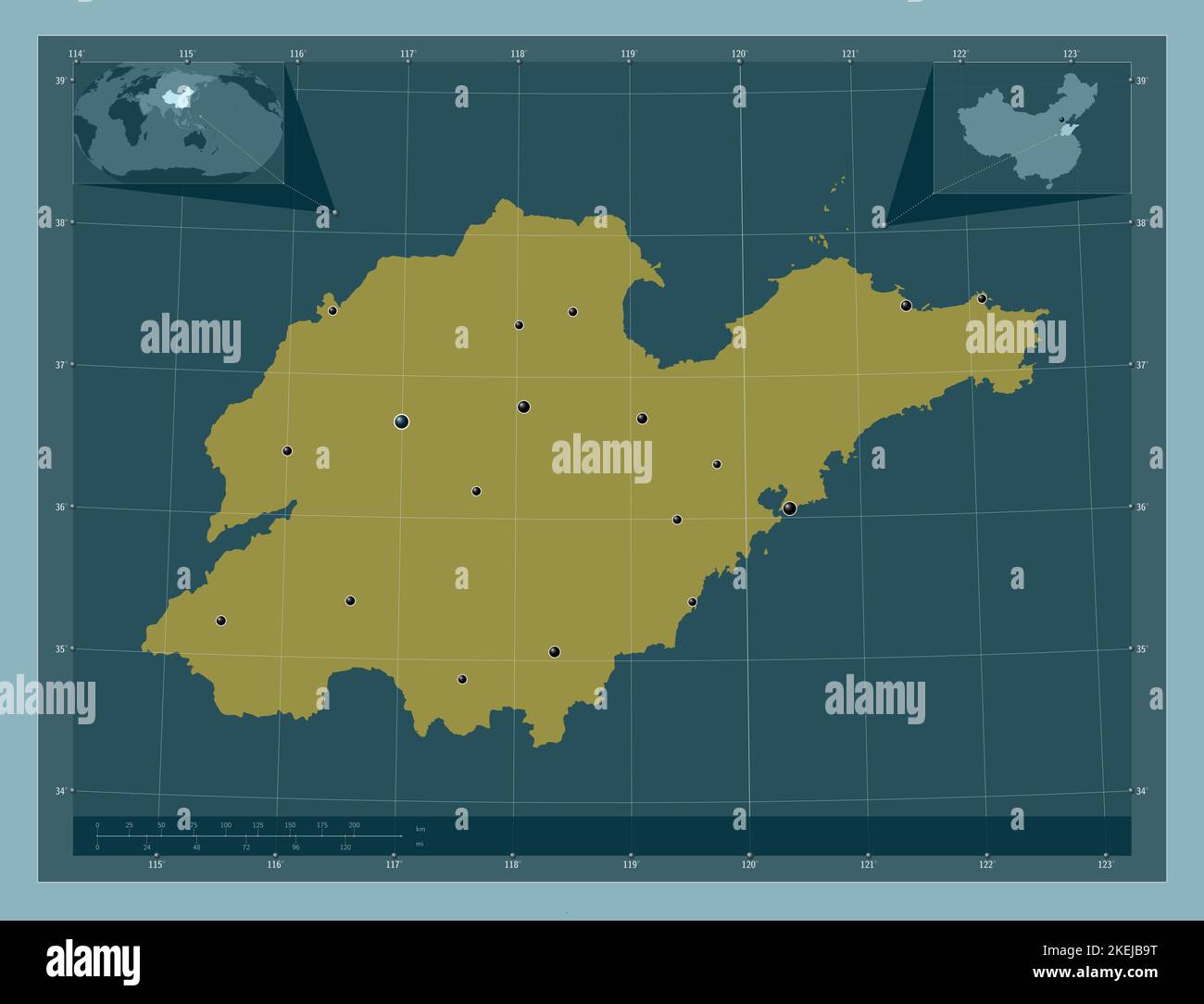 Shandong, province of China. Solid color shape. Locations of major ...