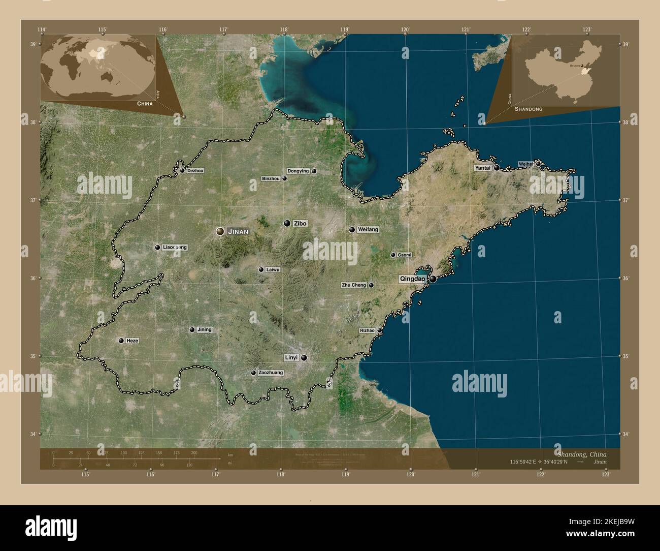 Shandong, province of China. Low resolution satellite map. Locations ...