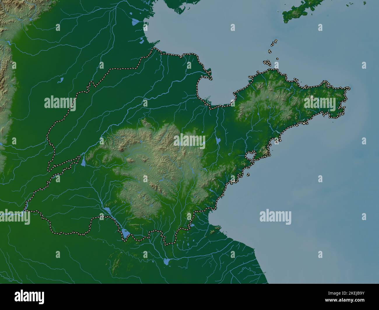 Shandong, province of China. Colored elevation map with lakes and ...