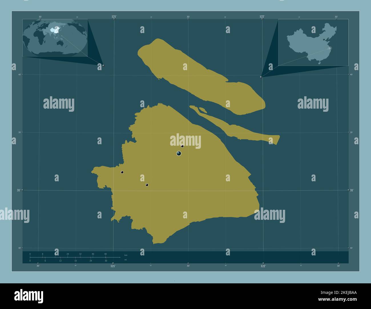 Shanghai, municipality of China. Solid color shape. Locations of major ...