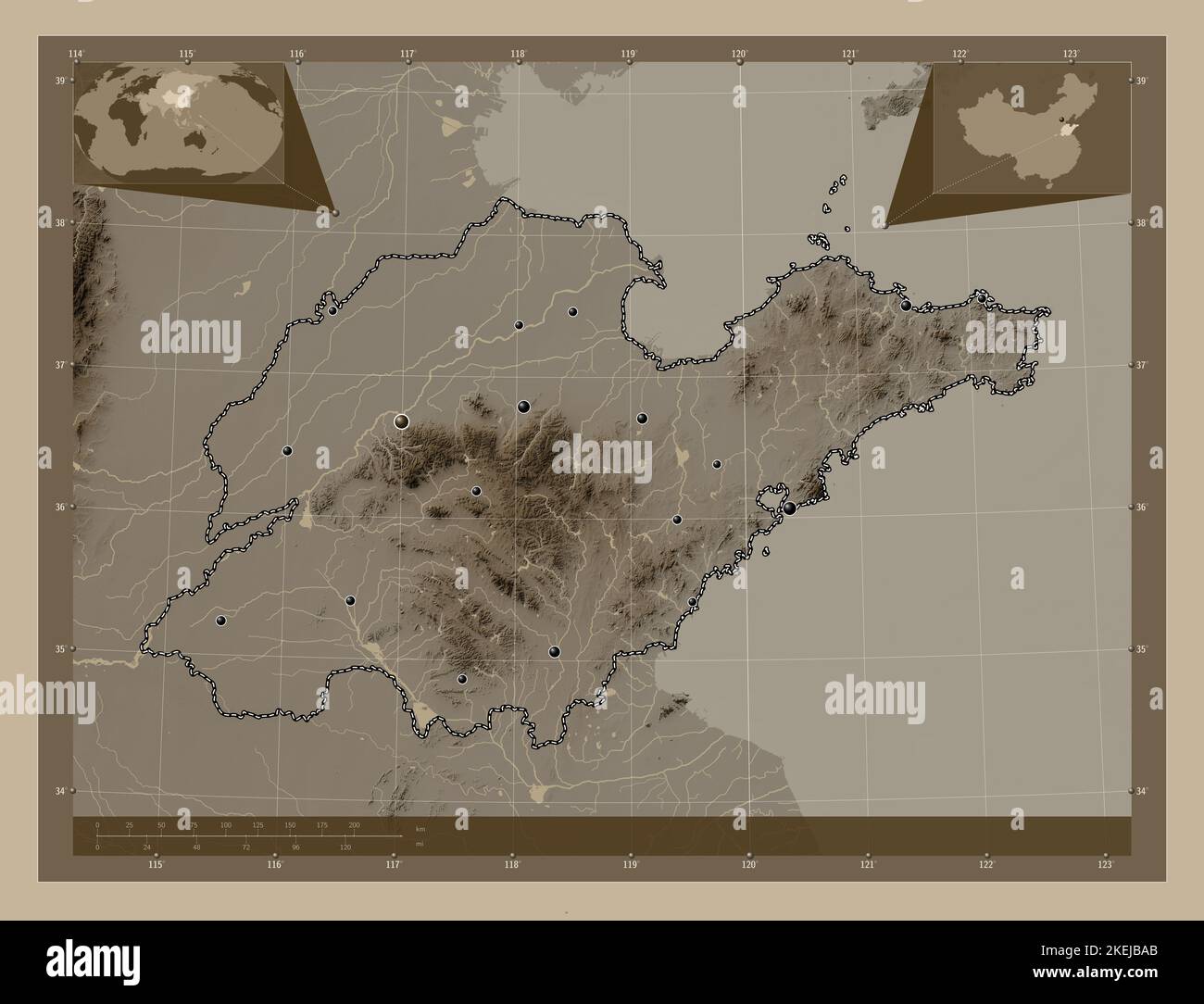 Shandong, province of China. Elevation map colored in sepia tones with ...