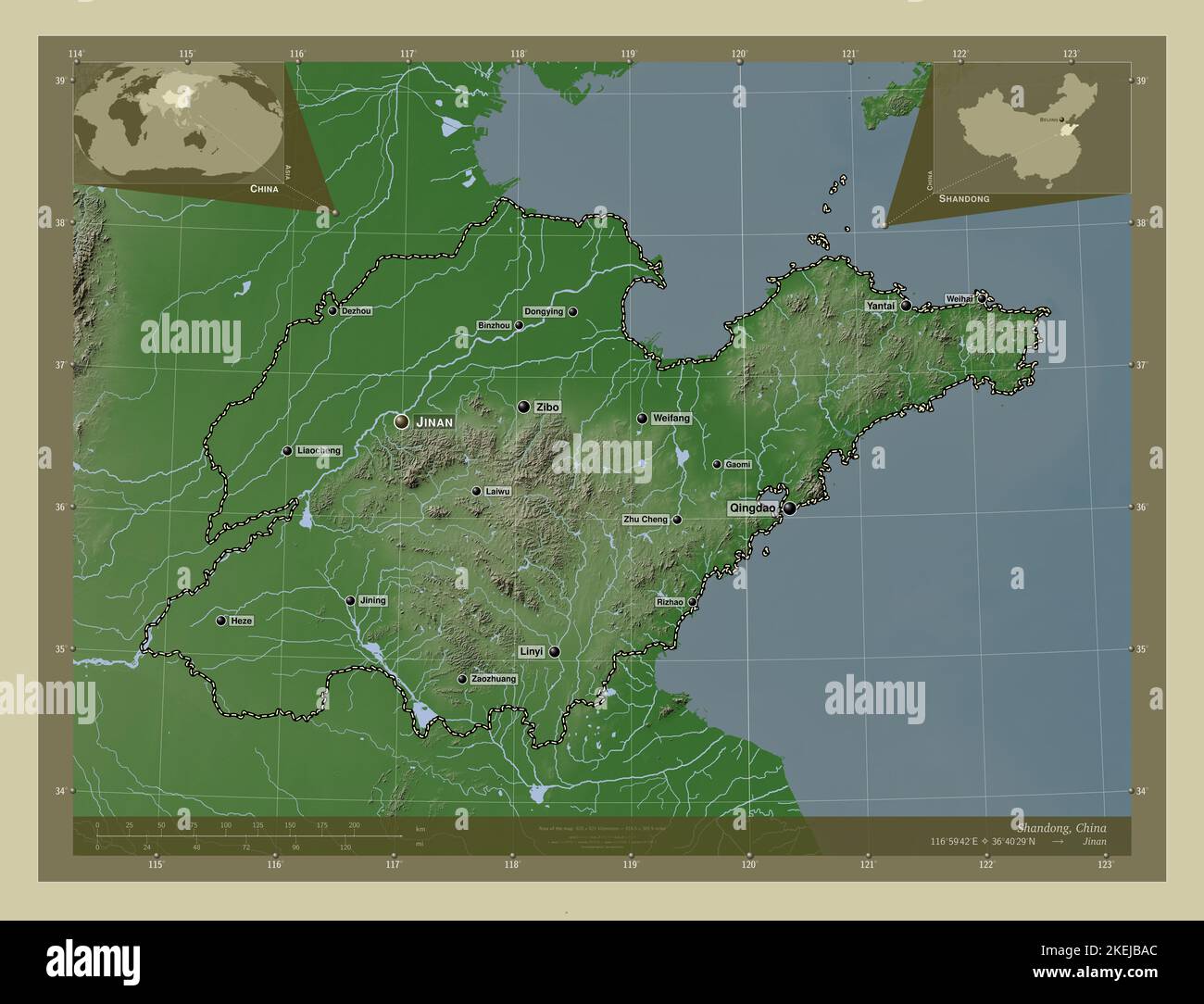 Shandong, province of China. Elevation map colored in wiki style with ...