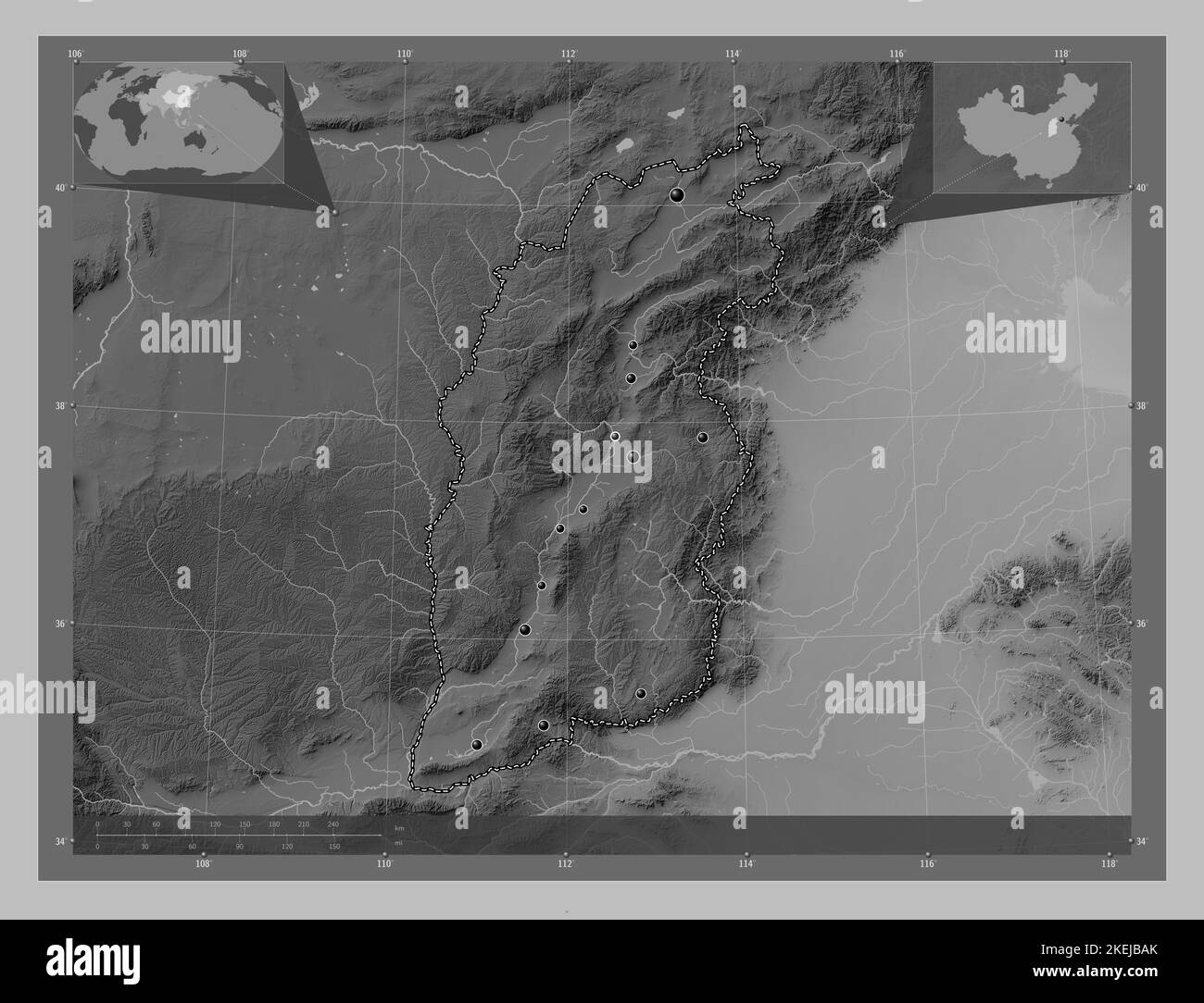 Shanxi, province of China. Grayscale elevation map with lakes and ...