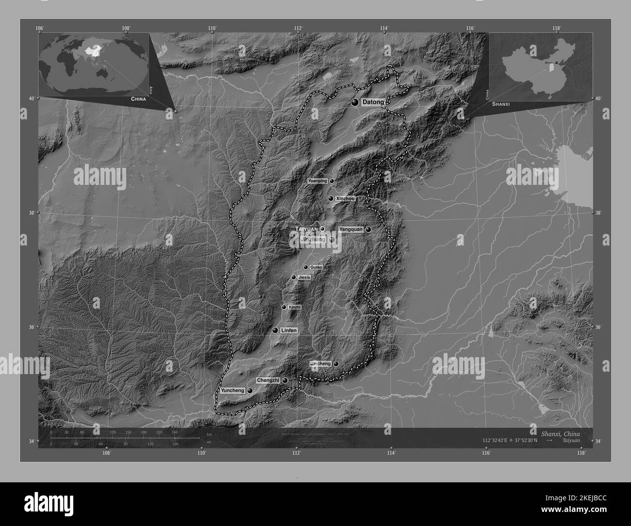Shanxi, province of China. Bilevel elevation map with lakes and rivers ...