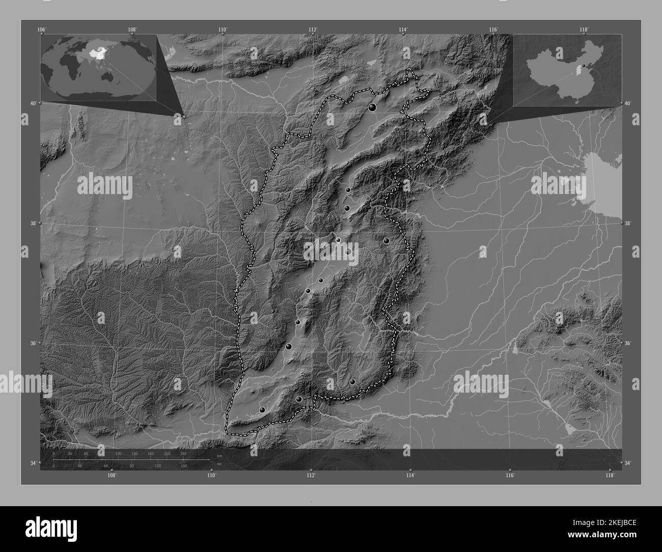 Shanxi, province of China. Bilevel elevation map with lakes and rivers ...