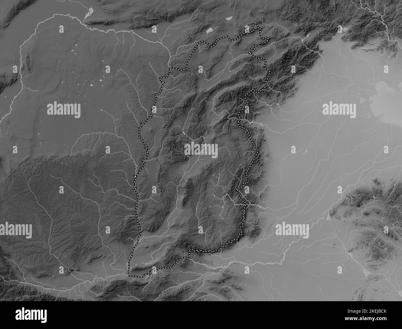 Shanxi, province of China. Grayscale elevation map with lakes and ...