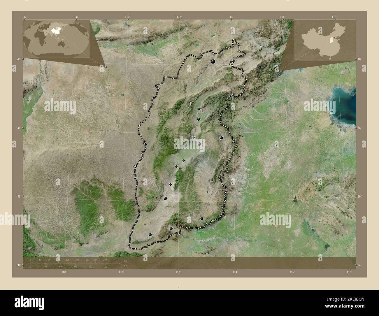 Shanxi, province of China. High resolution satellite map. Locations of ...