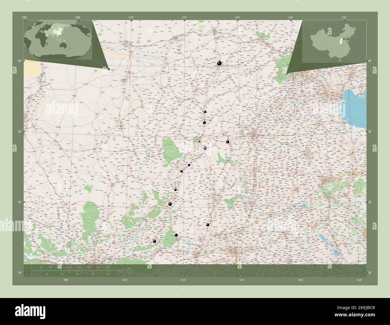 Shanxi, province of China. Open Street Map. Locations of major cities ...