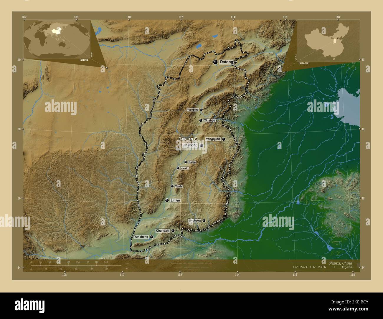 Shanxi, province of China. Colored elevation map with lakes and rivers ...