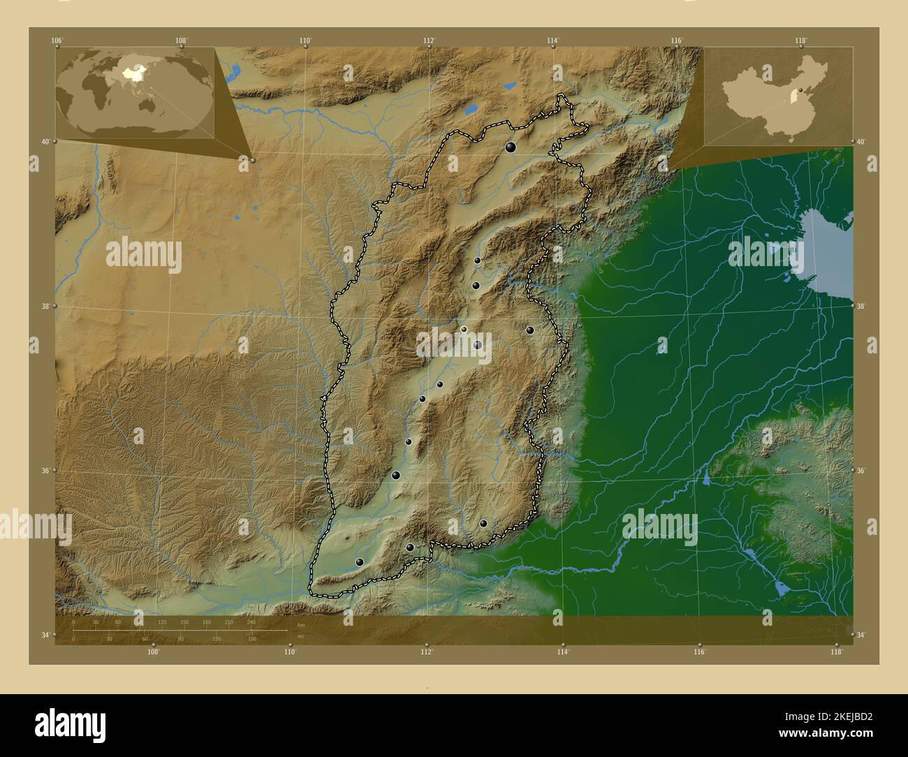Shanxi, province of China. Colored elevation map with lakes and rivers ...
