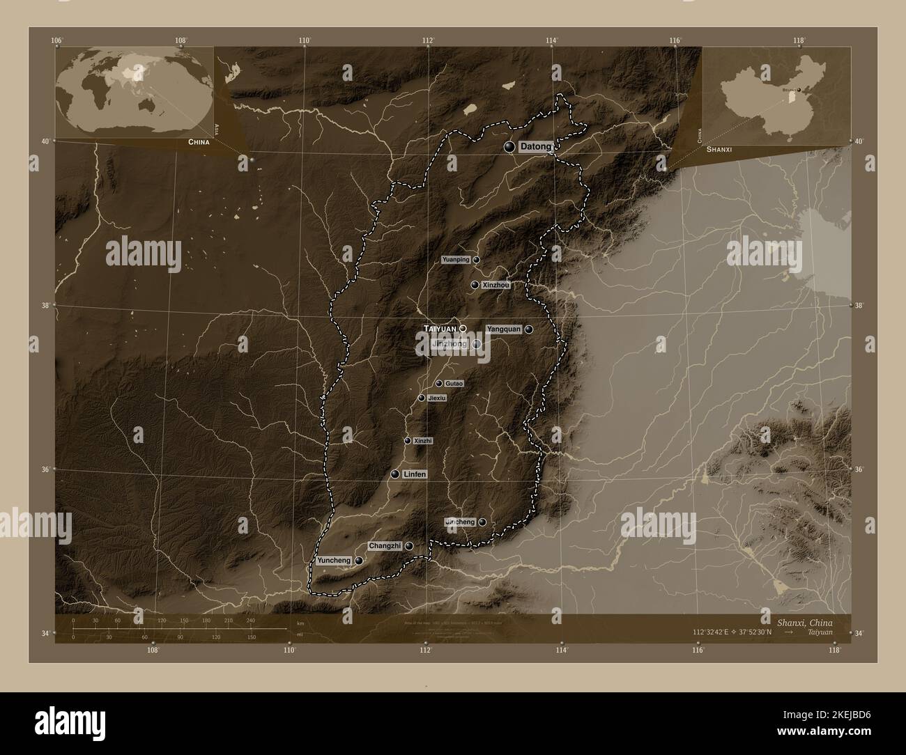 Shanxi, province of China. Elevation map colored in sepia tones with ...