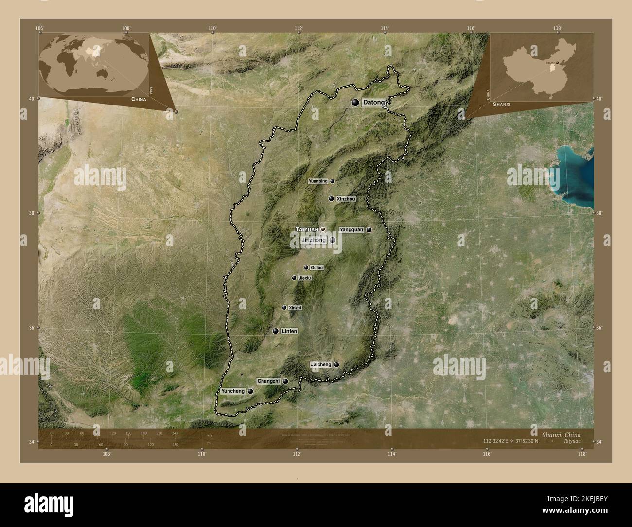 Shanxi, province of China. Low resolution satellite map. Locations and ...