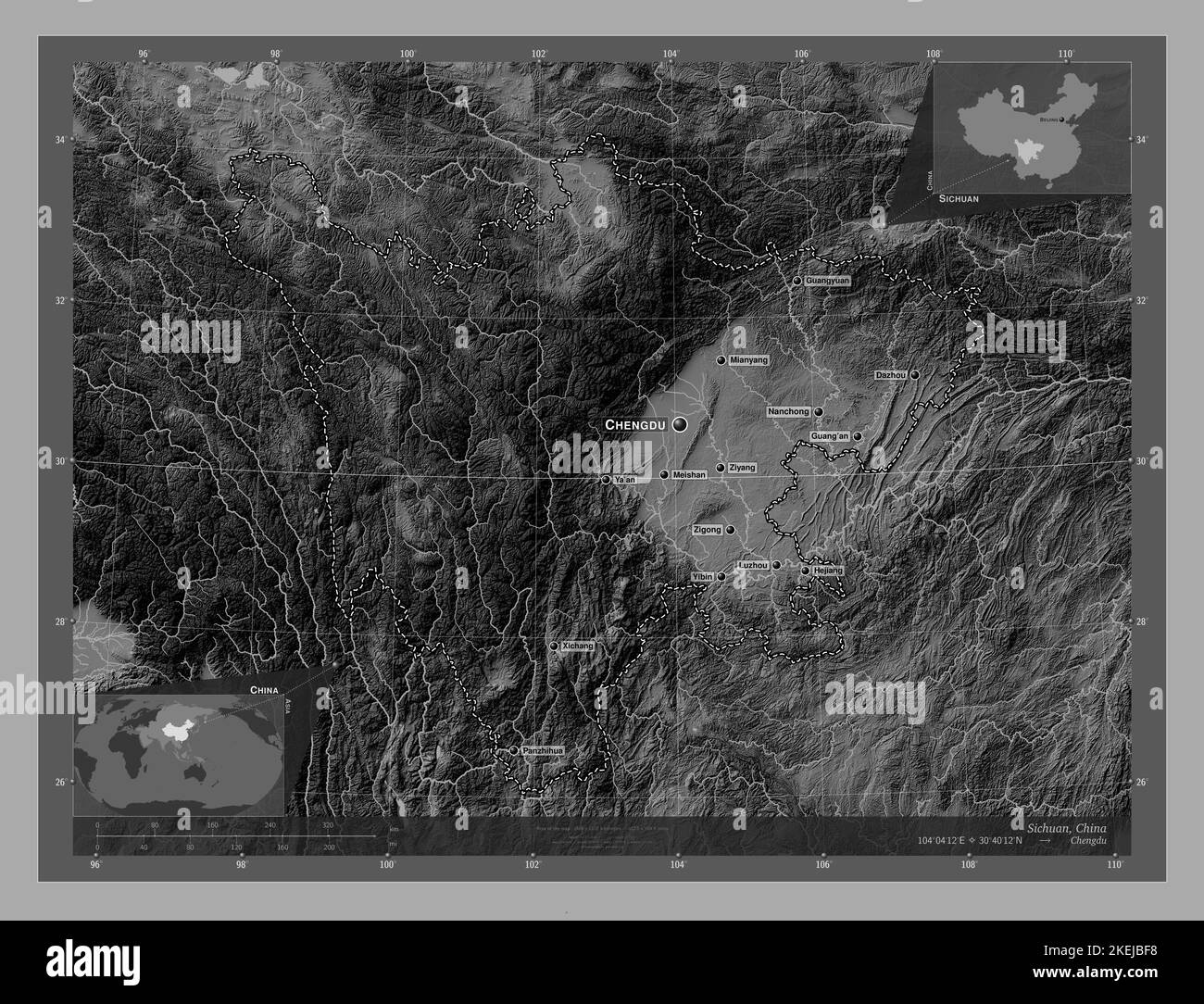 Sichuan, province of China. Bilevel elevation map with lakes and rivers ...