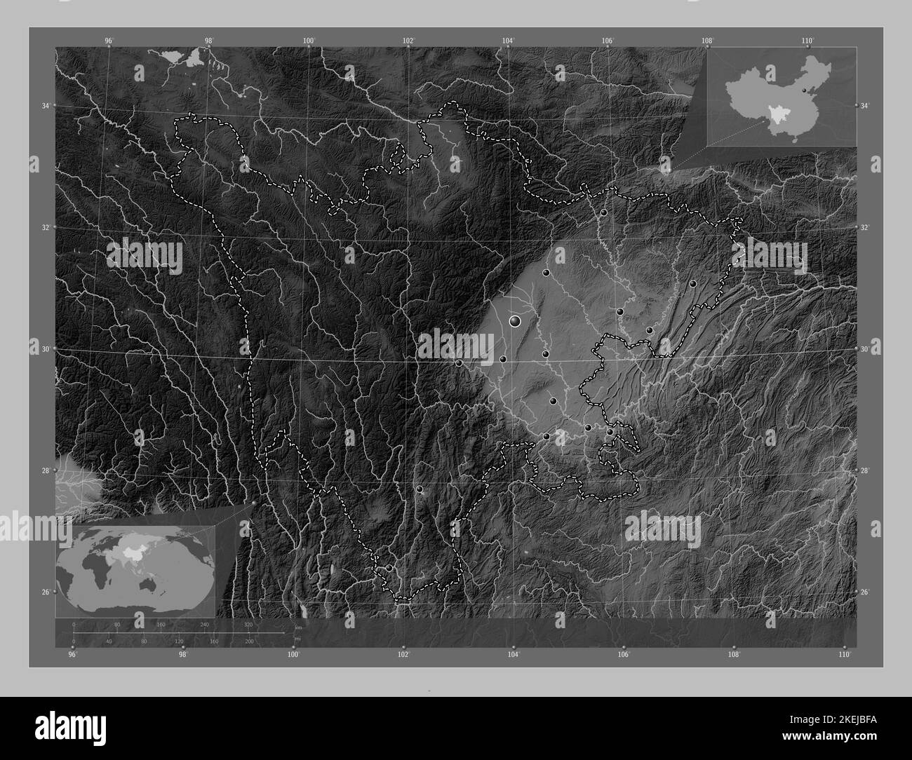 Sichuan, province of China. Grayscale elevation map with lakes and ...
