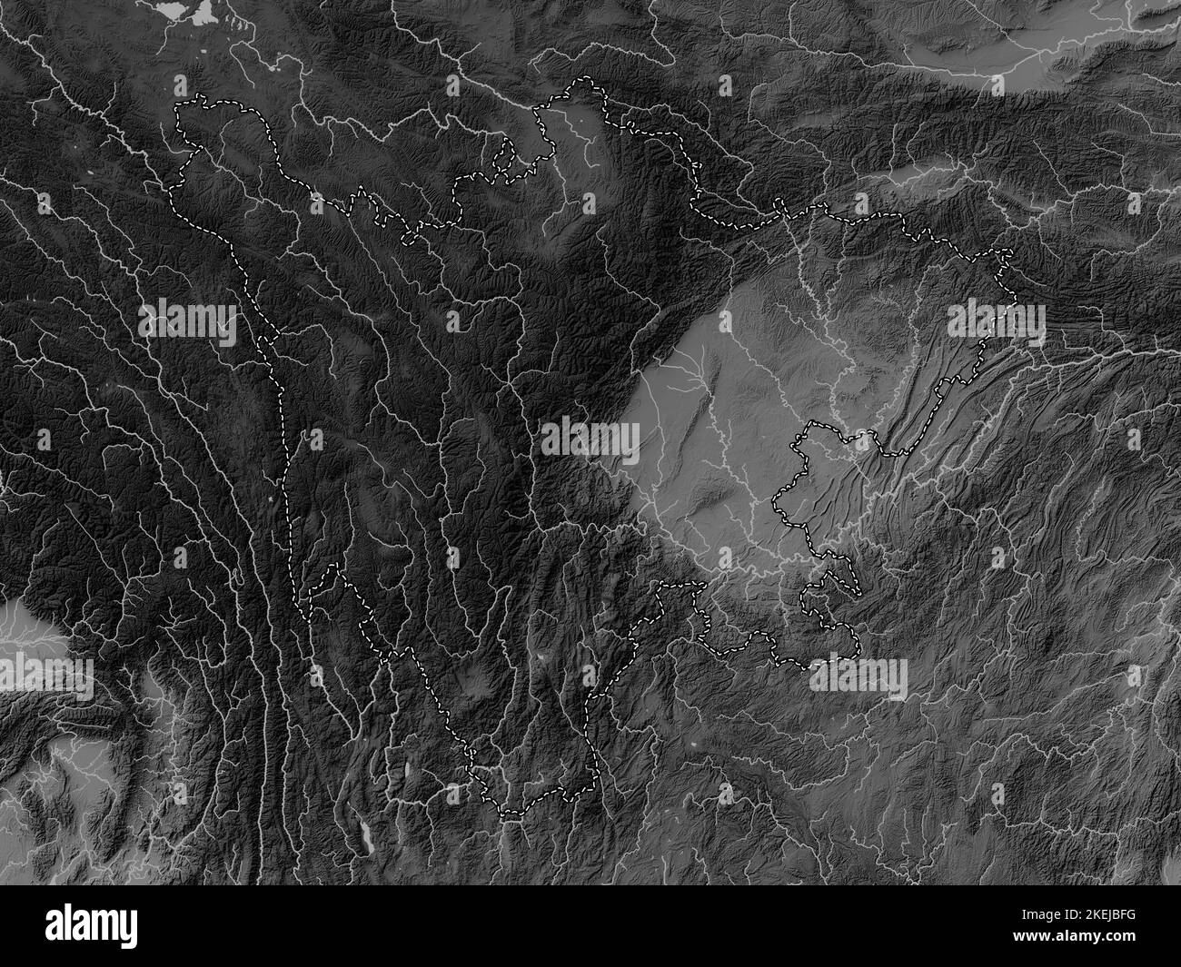 Sichuan, province of China. Grayscale elevation map with lakes and ... Sichuan, province of China. Grayscale elevation map with lakes and ...