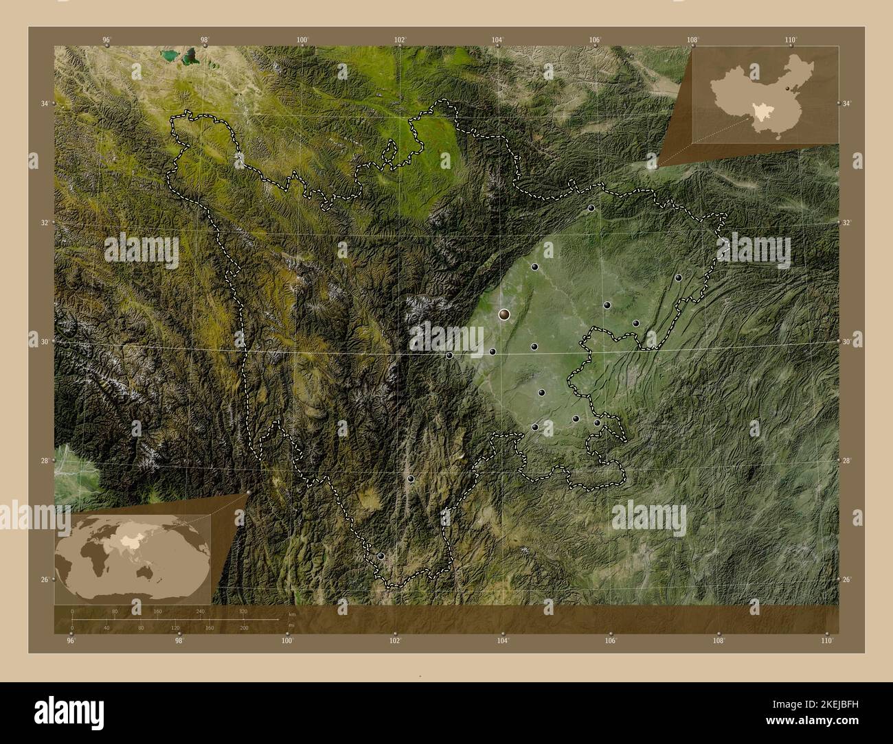 Sichuan, province of China. Low resolution satellite map. Locations of ...