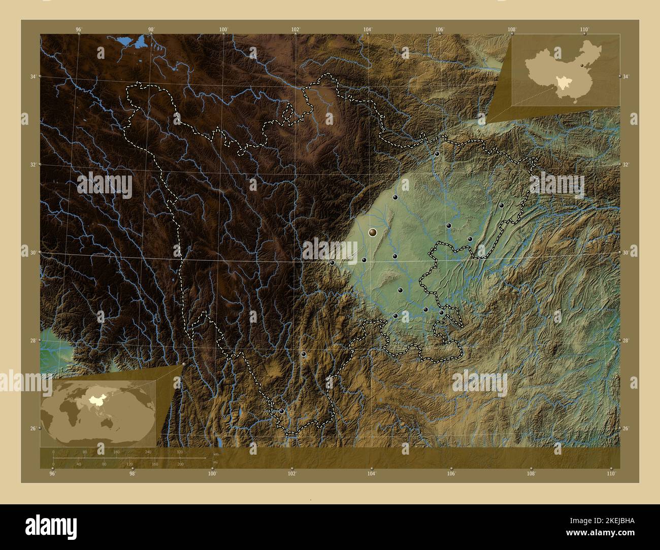 Sichuan, province of China. Colored elevation map with lakes and rivers ...
