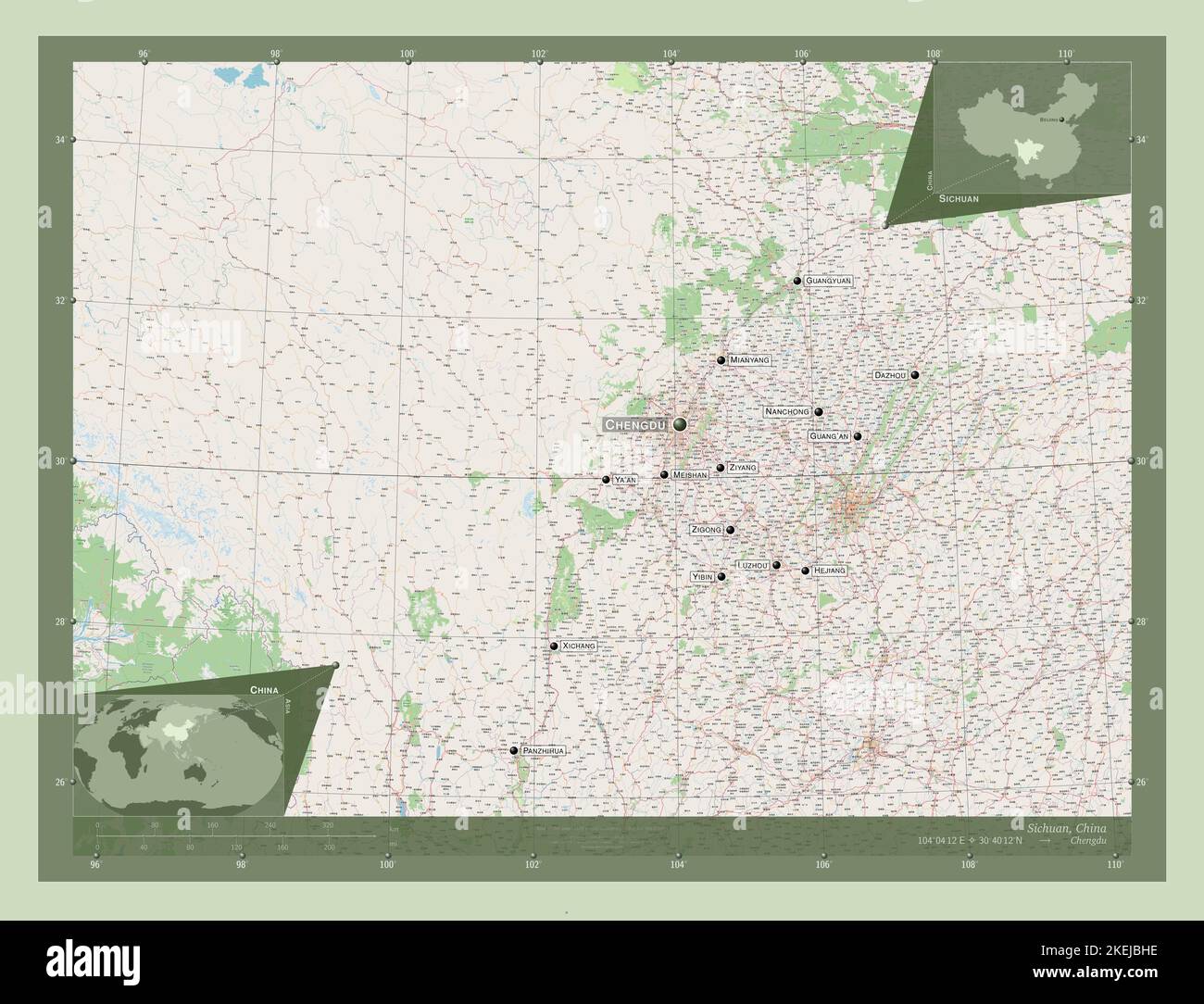 Sichuan, province of China. Open Street Map. Locations and names of ...