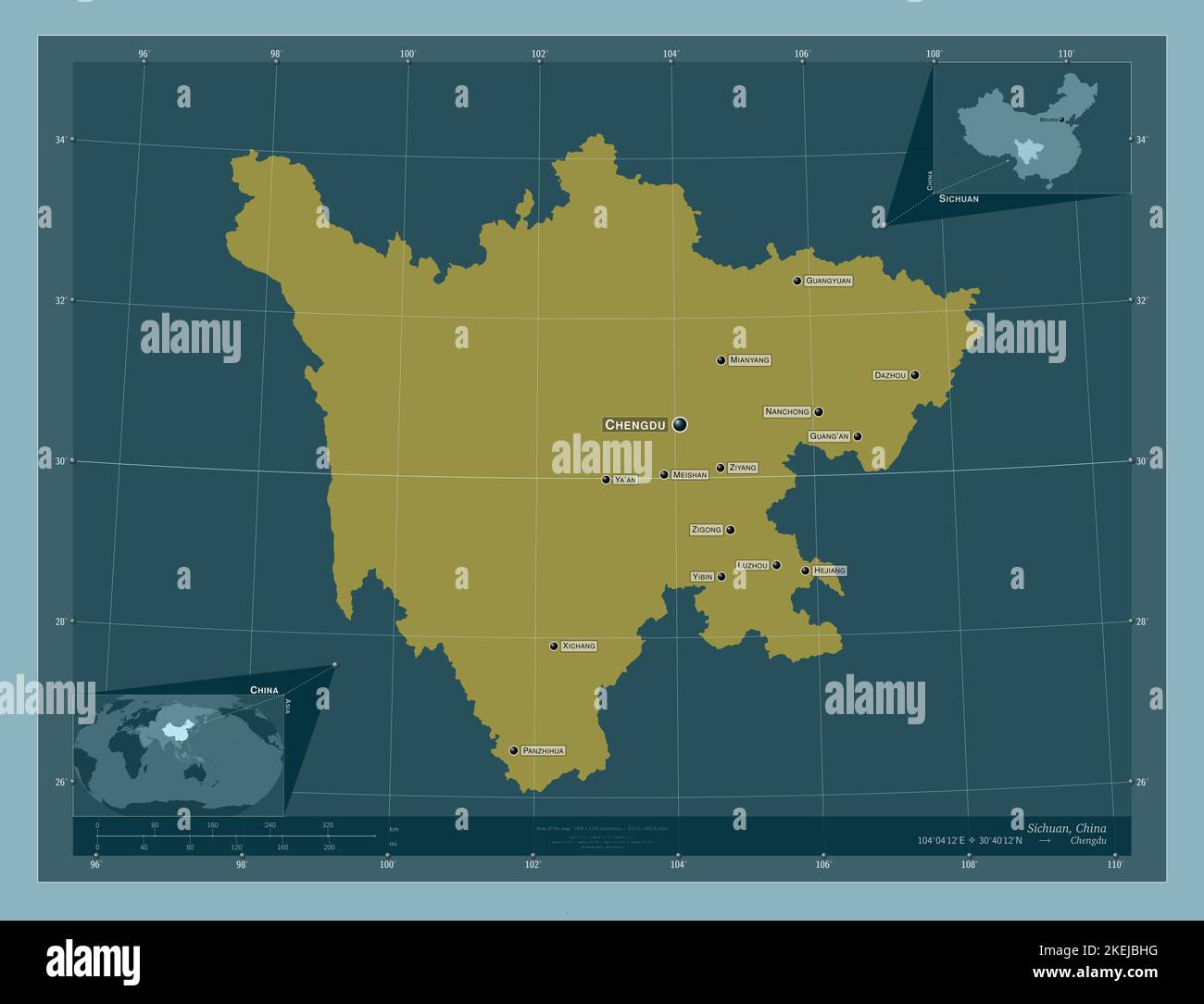 Sichuan, province of China. Solid color shape. Locations and names of ...