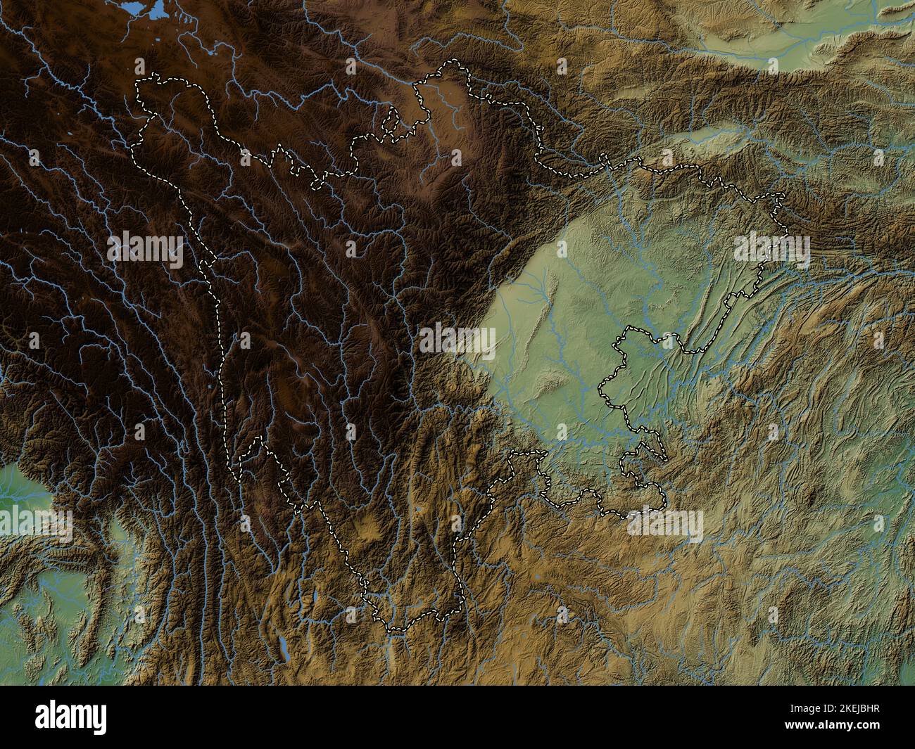 Sichuan, province of China. Colored elevation map with lakes and rivers ...