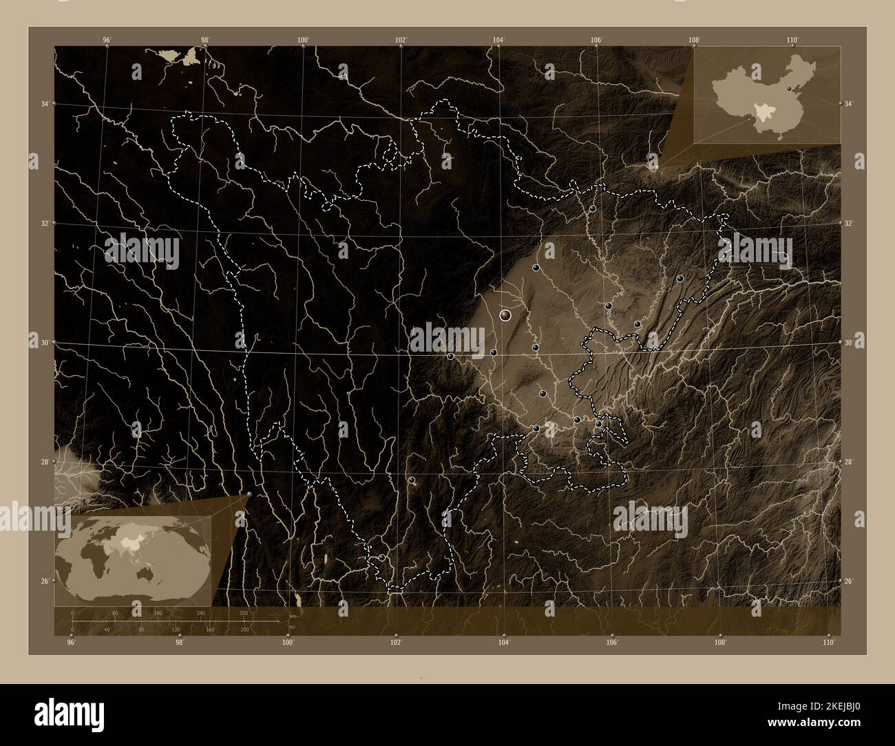Sichuan, province of China. Elevation map colored in sepia tones with ...