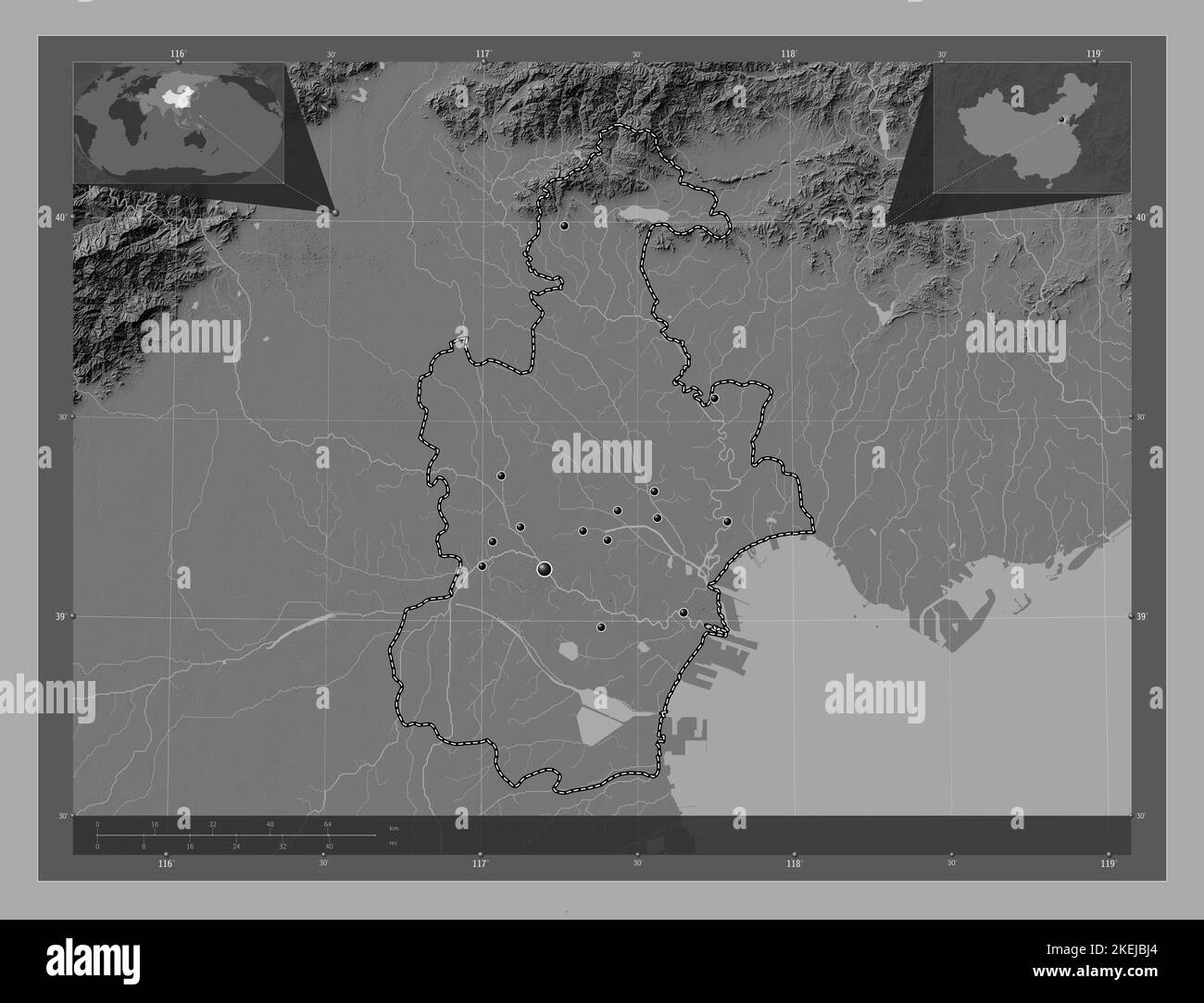 Tianjin, municipality of China. Bilevel elevation map with lakes and ...