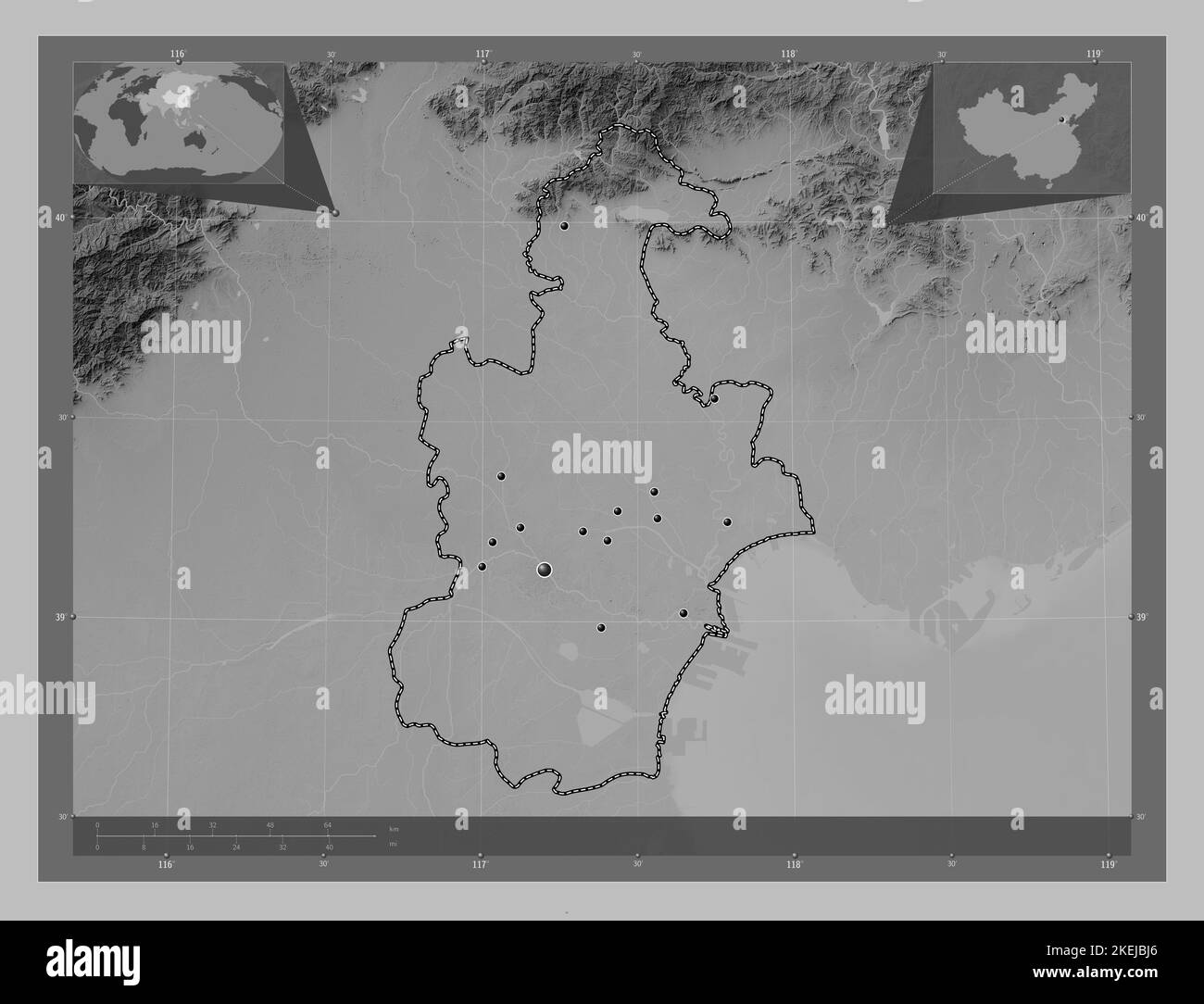 Tianjin, municipality of China. Grayscale elevation map with lakes and ...