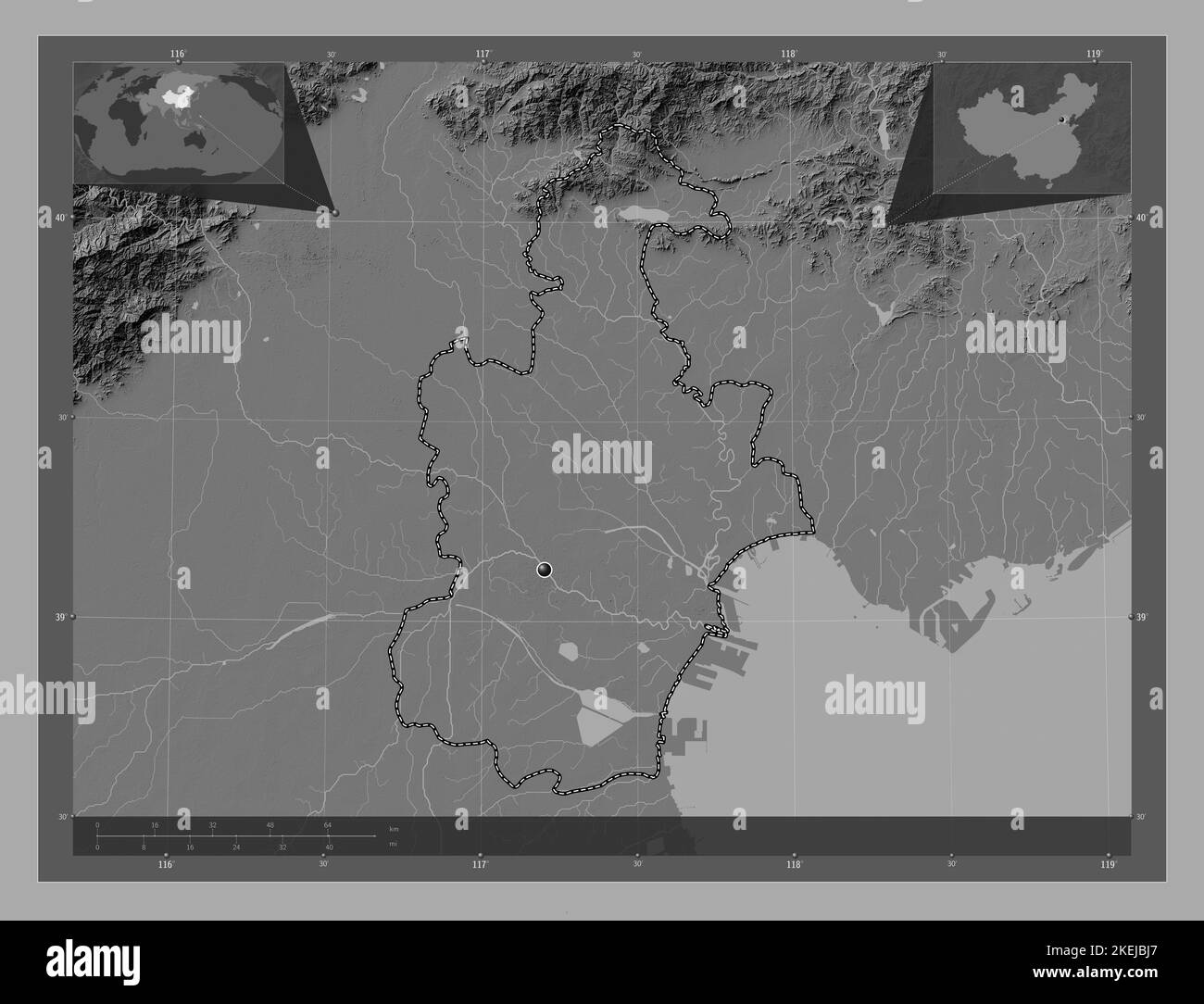 Tianjin, municipality of China. Bilevel elevation map with lakes and ...