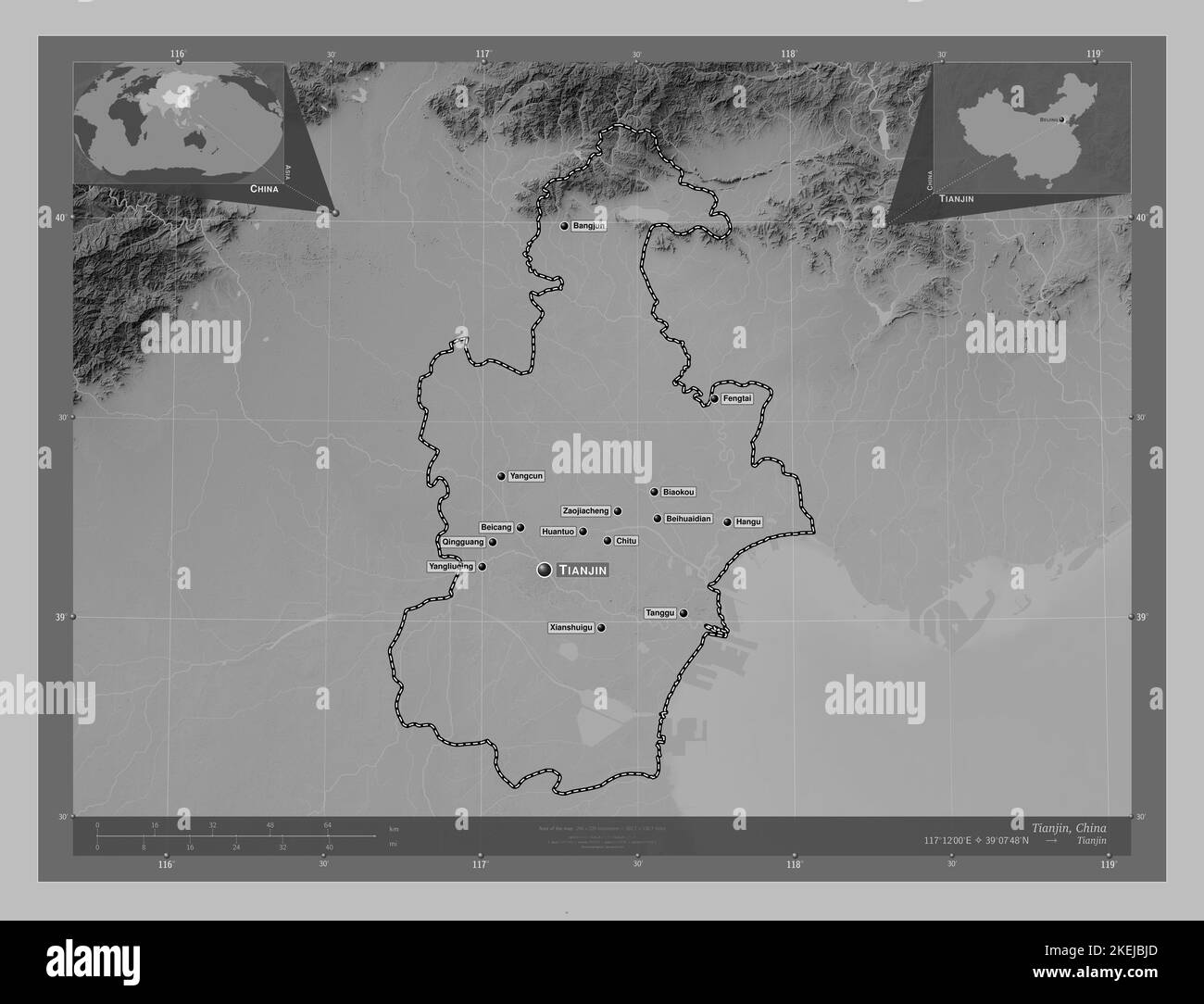 Tianjin, municipality of China. Grayscale elevation map with lakes and ...