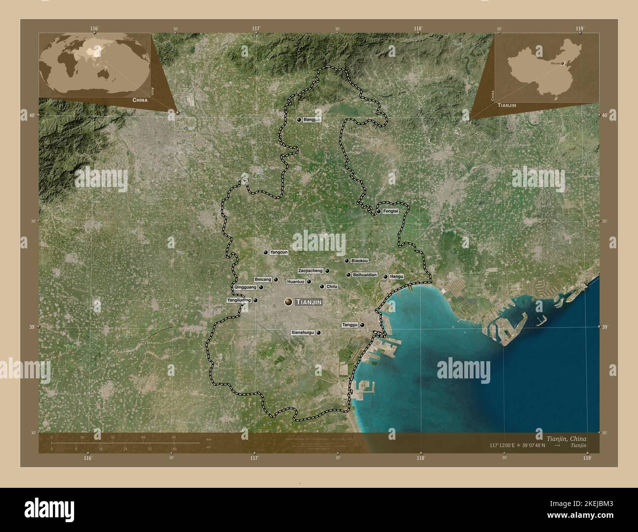 Tianjin, municipality of China. Low resolution satellite map. Locations ...