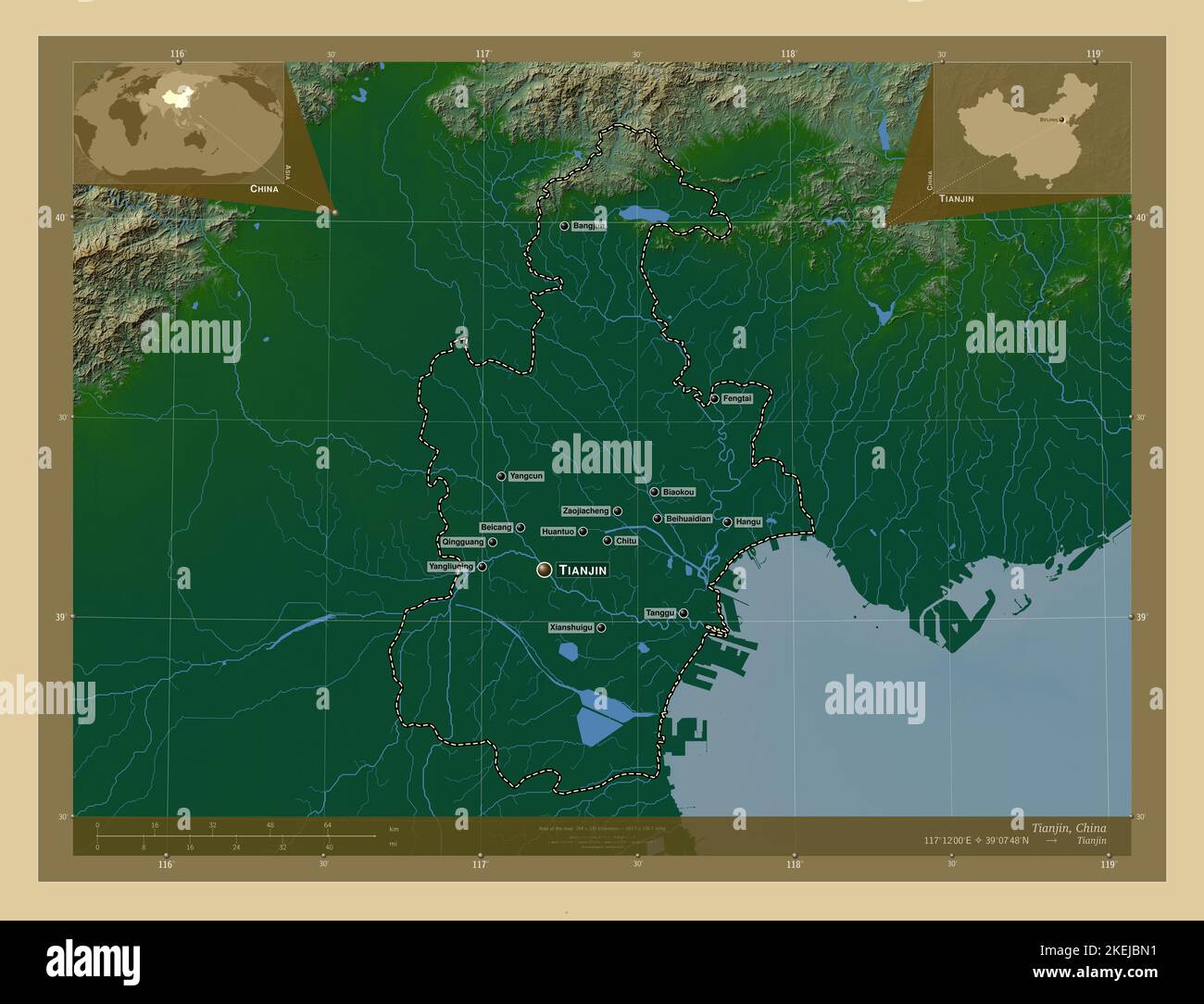Tianjin, municipality of China. Colored elevation map with lakes and ...