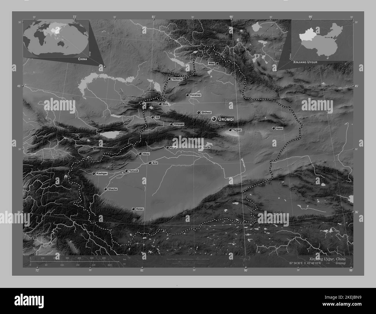 Xinjiang Uygur, autonomous region of China. Grayscale elevation map ...