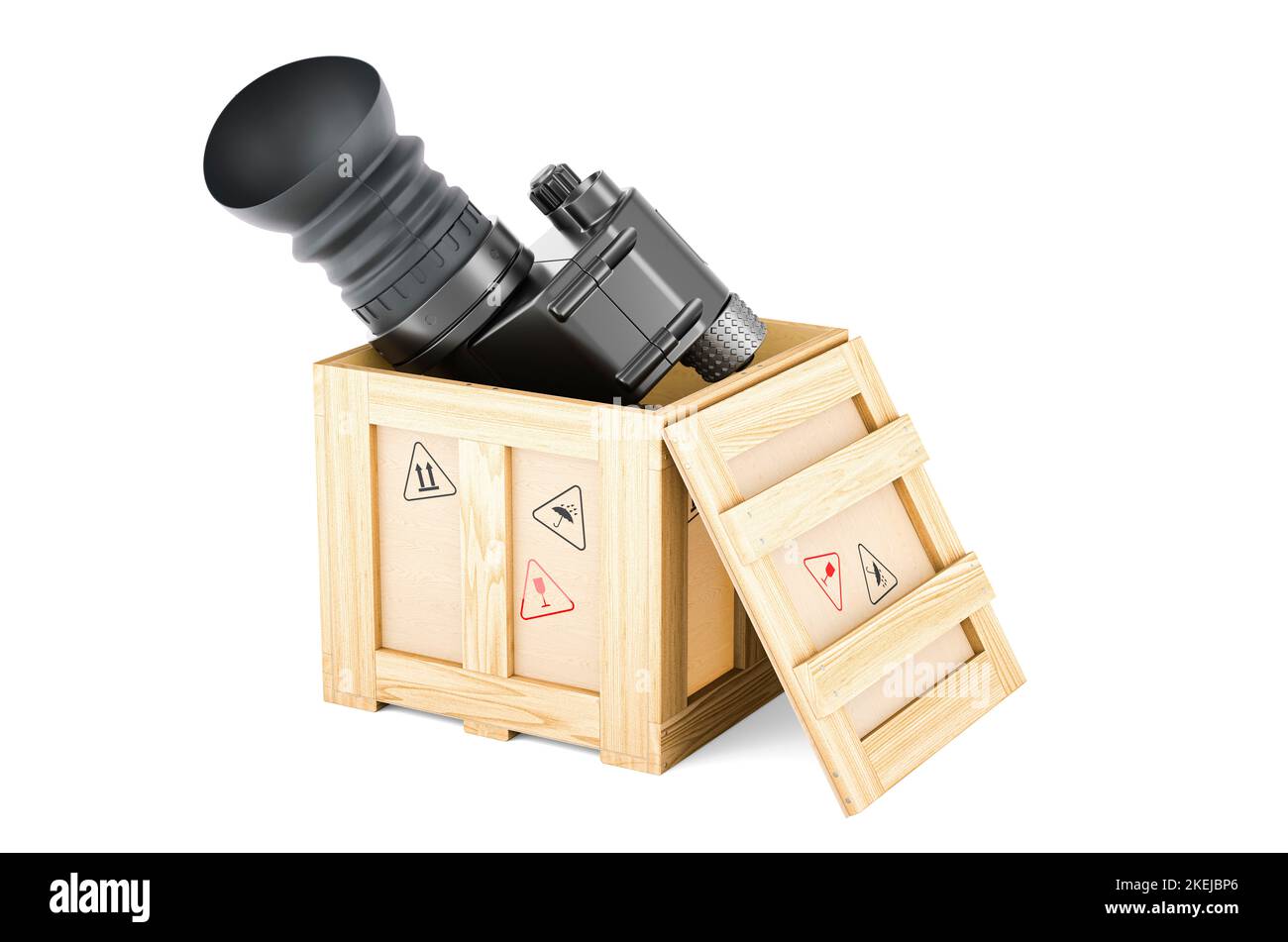Night vision monocular inside wooden box, delivery concept. 3D ...
