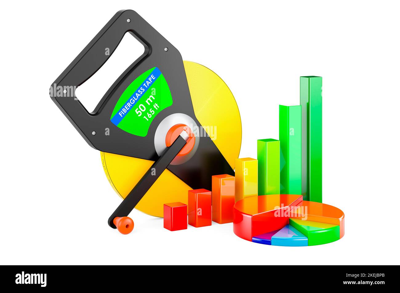 Tape measure with growth bar graph and pie chart, 3D rendering isolated ...