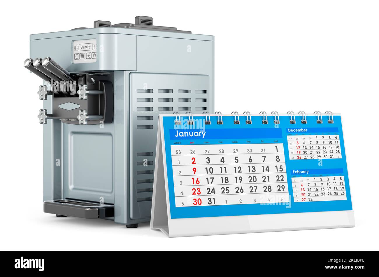 Desk calendar with commercial ice cream machine, 3D rendering isolated ...