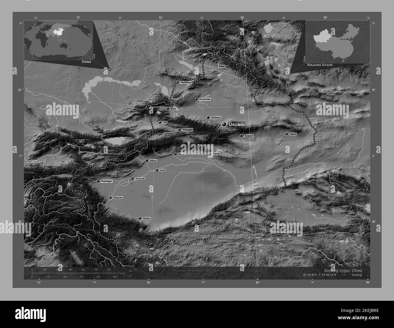 Xinjiang Uygur, autonomous region of China. Bilevel elevation map with ...