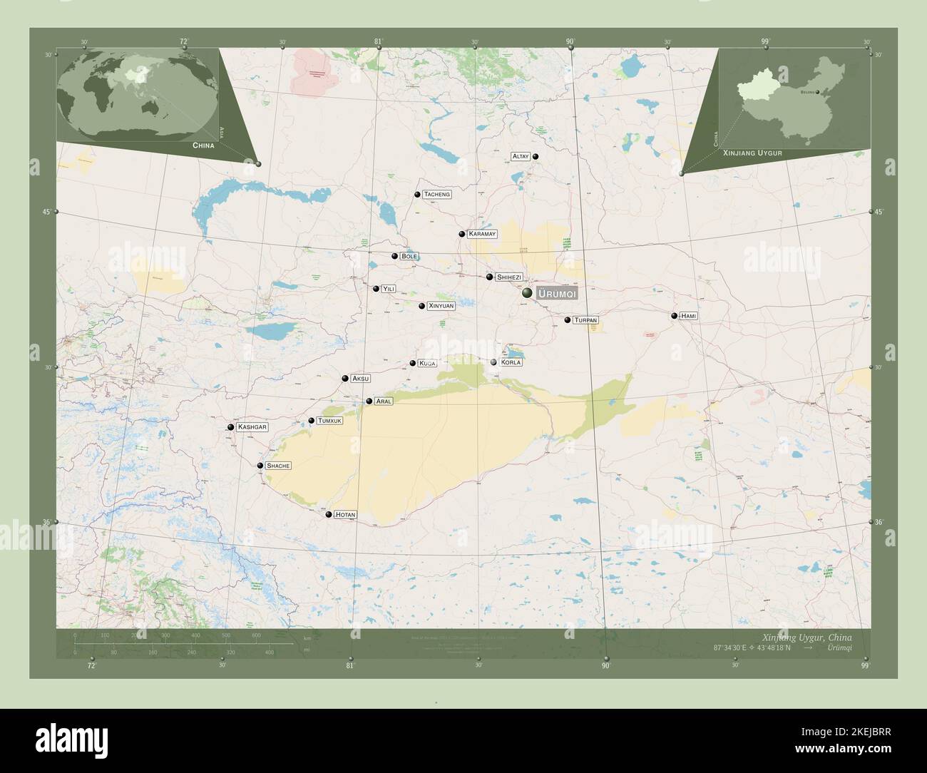 Xinjiang Uygur, autonomous region of China. Open Street Map. Locations ...