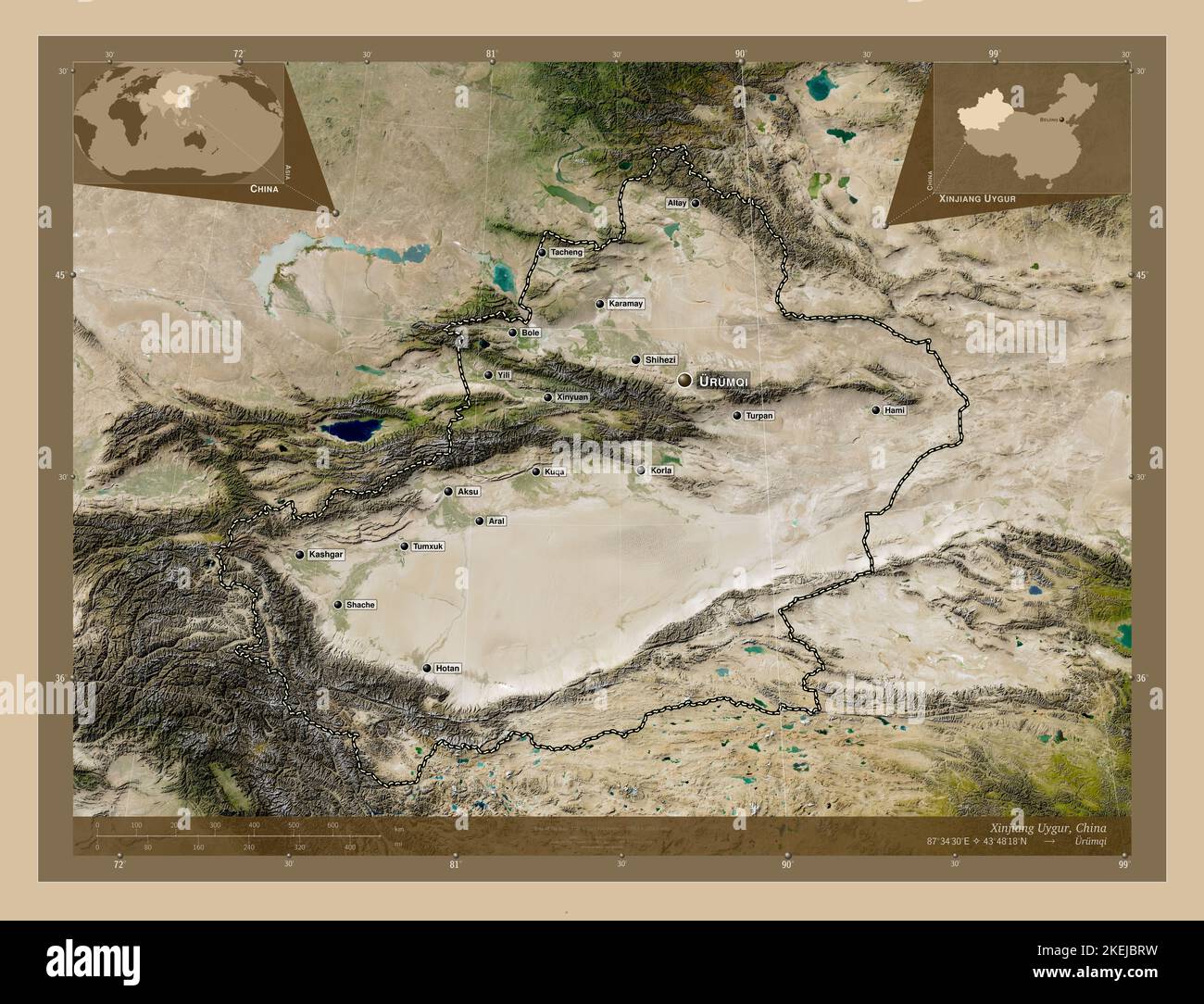 Xinjiang Uygur, autonomous region of China. Low resolution satellite ...