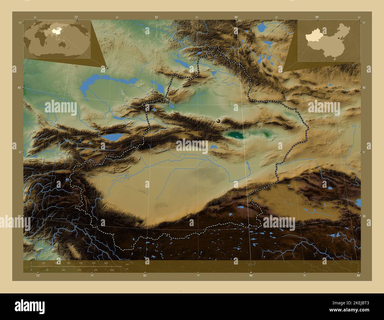 Xinjiang Uygur, autonomous region of China. Colored elevation map with ...