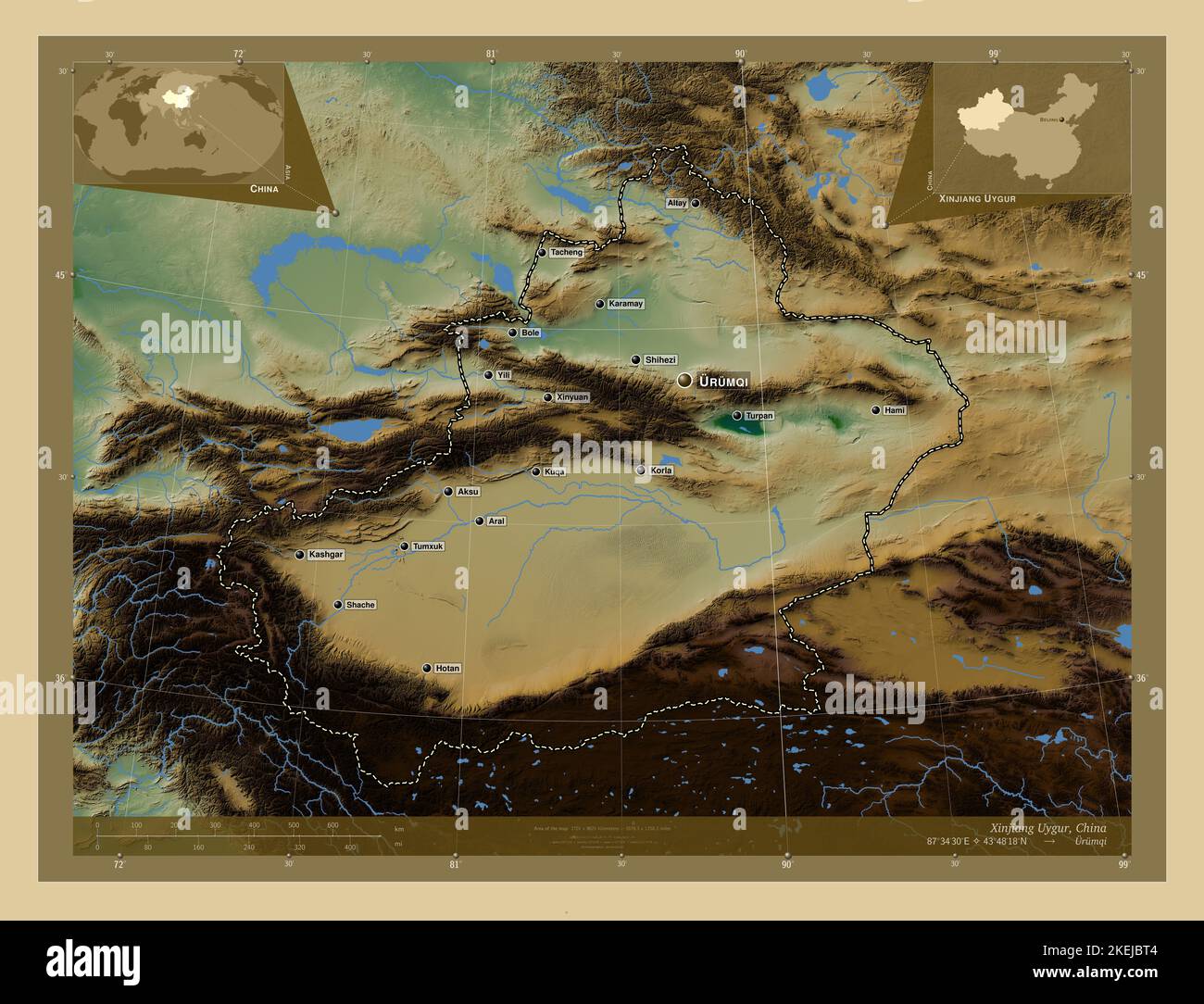 Xinjiang Uygur, autonomous region of China. Colored elevation map with ...
