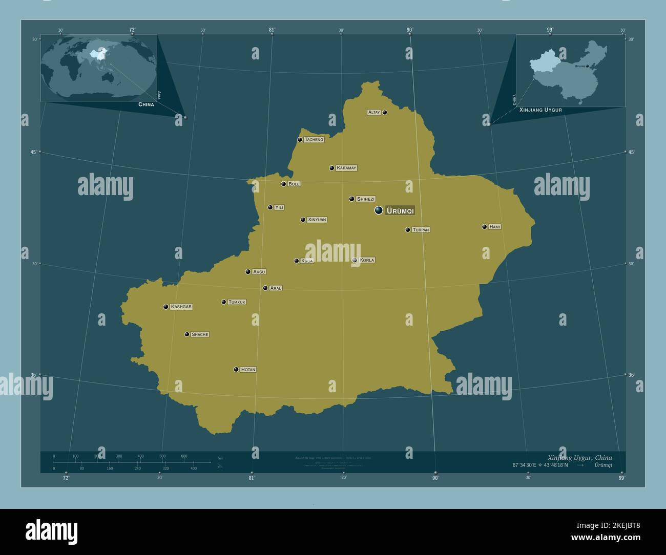 Xinjiang Uygur, autonomous region of China. Solid color shape ...
