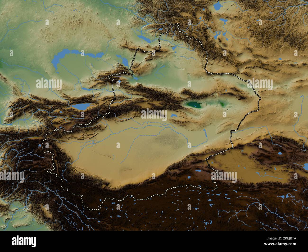 Xinjiang Uygur, autonomous region of China. Colored elevation map with ...