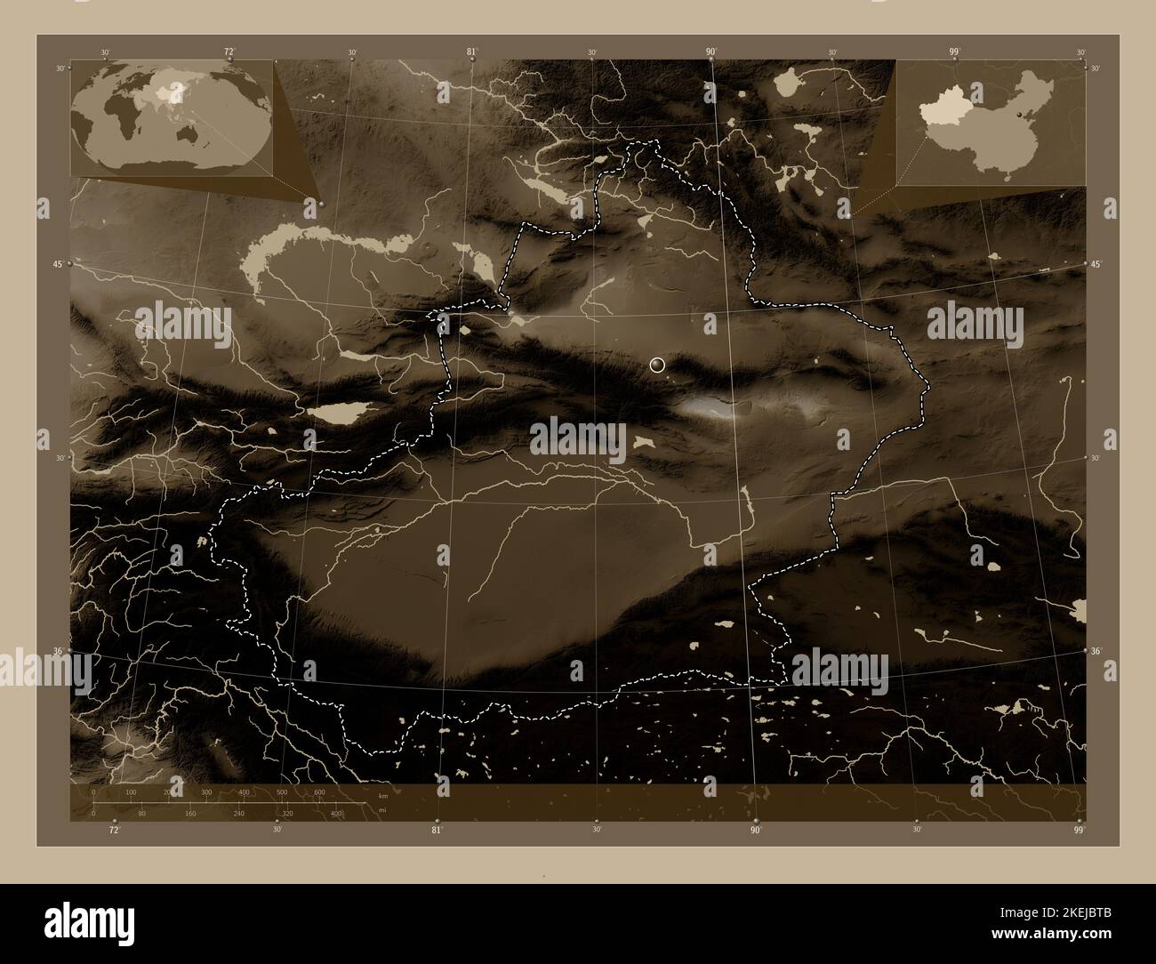 Xinjiang Uygur, autonomous region of China. Elevation map colored in ...