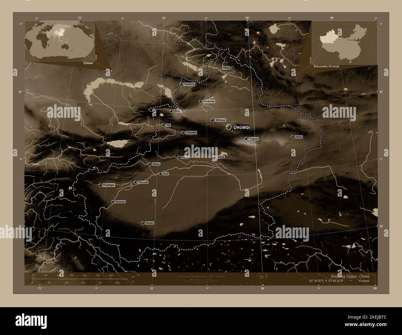 Xinjiang Uygur, autonomous region of China. Elevation map colored in ...
