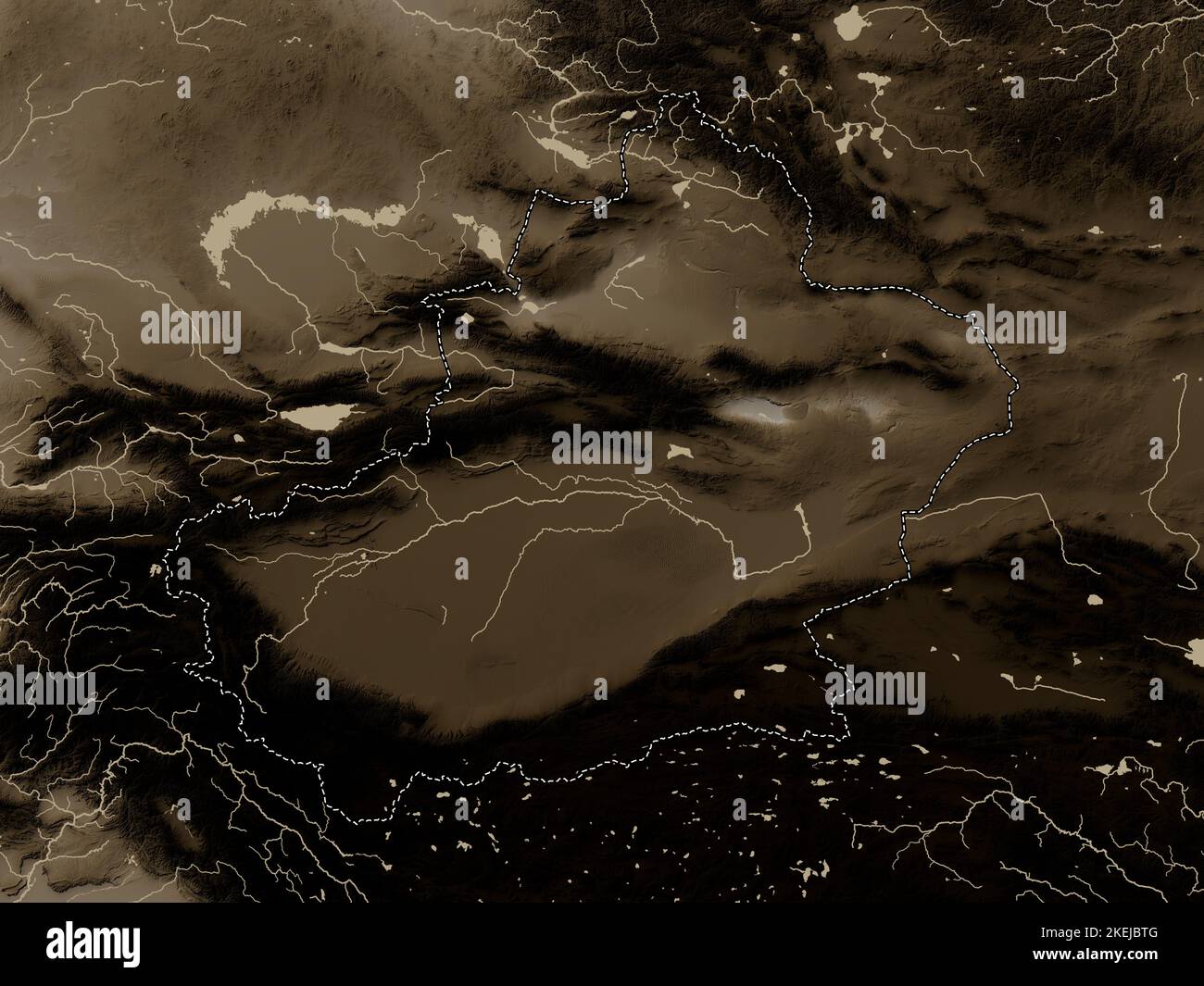 Xinjiang Uygur, autonomous region of China. Elevation map colored in ...