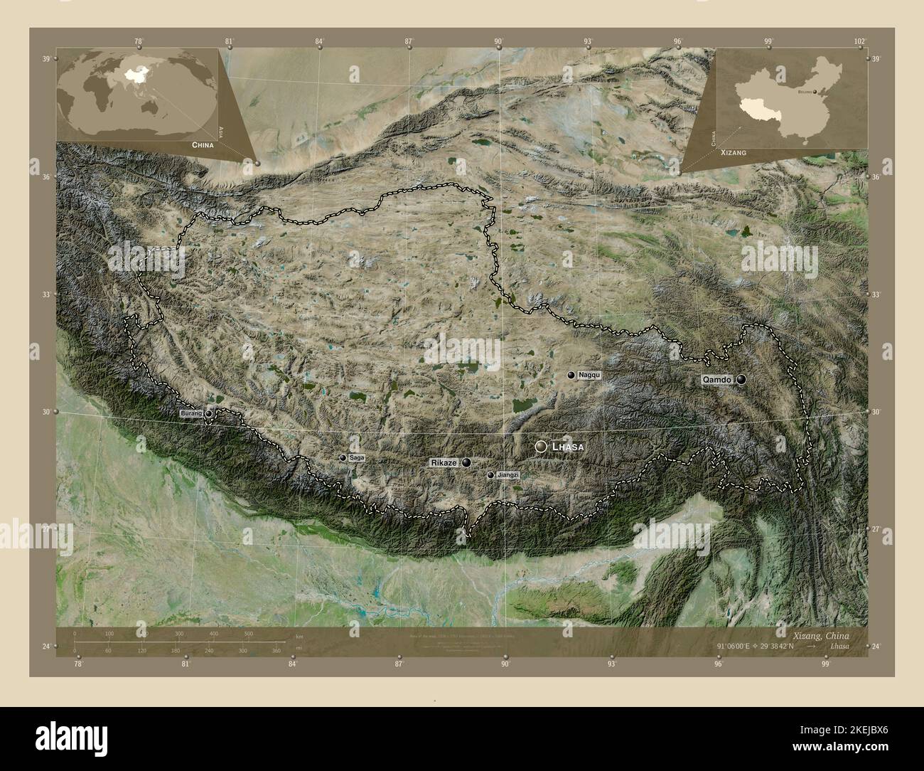 Xizang, autonomous region of China. High resolution satellite map ...
