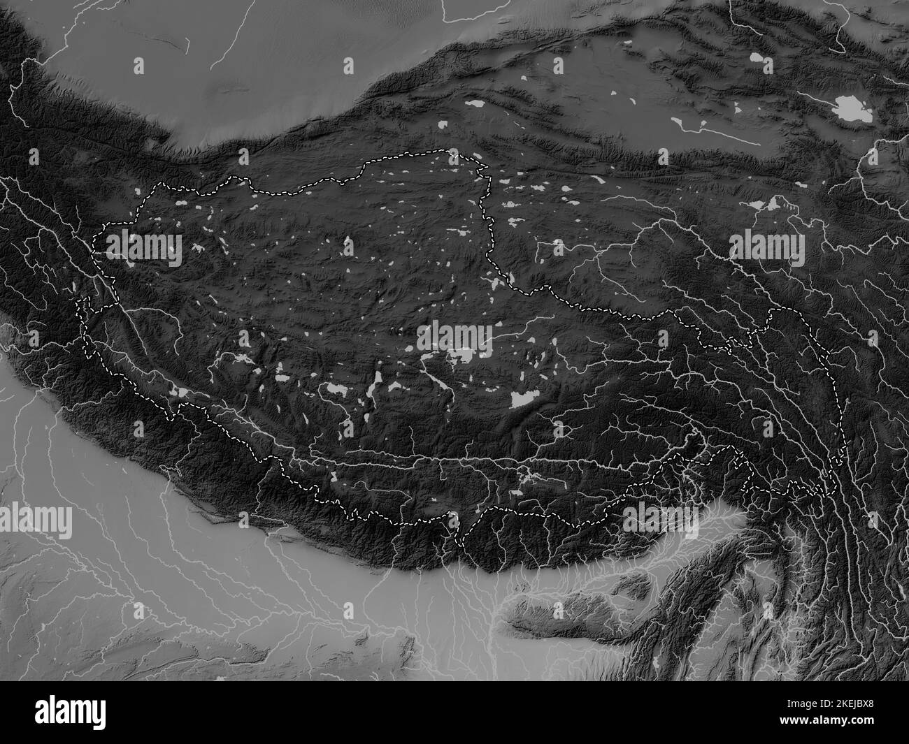 Xizang, autonomous region of China. Grayscale elevation map with lakes ...