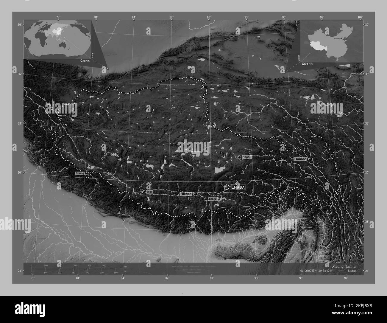 Xizang, autonomous region of China. Grayscale elevation map with lakes ...