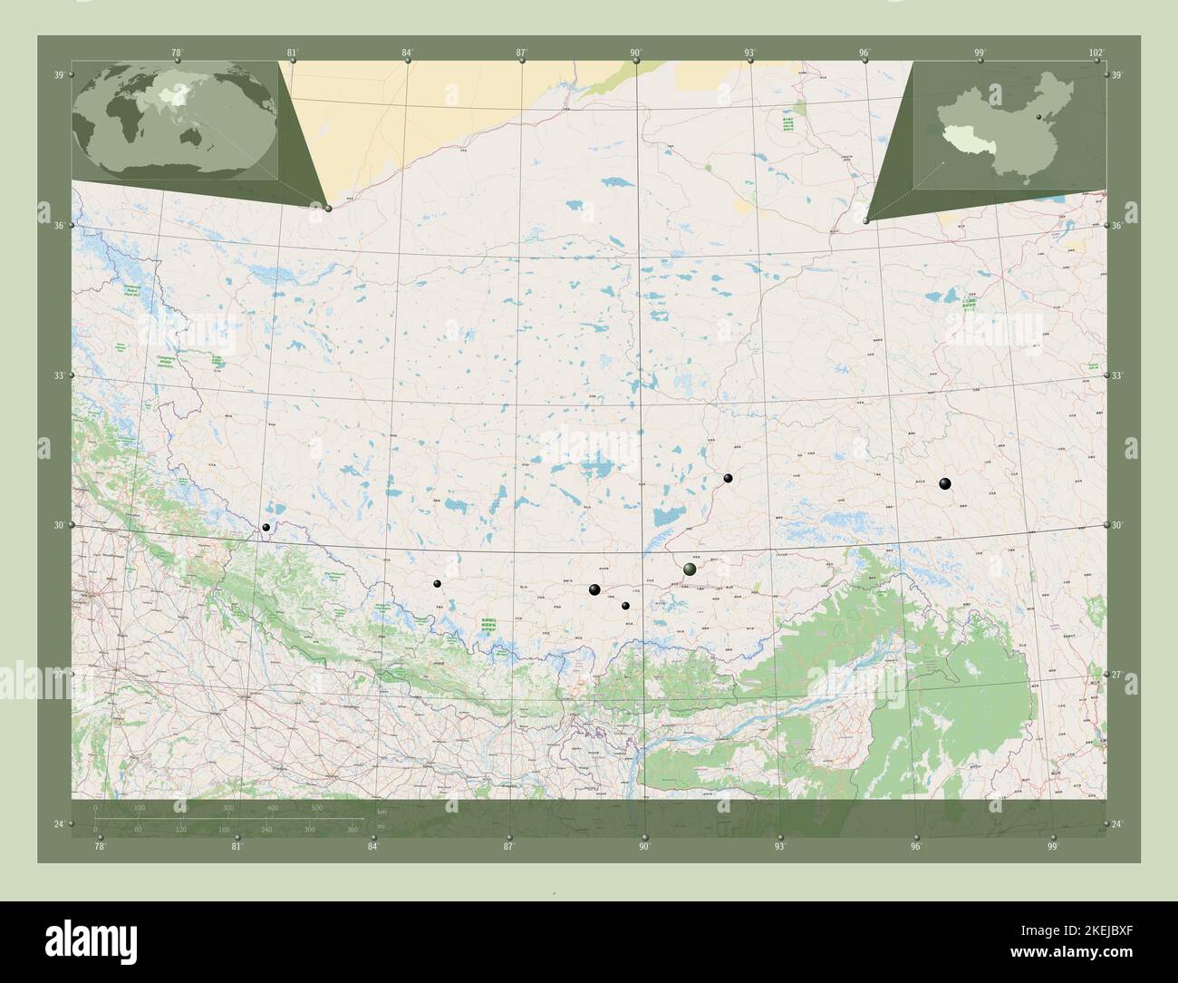 Xizang, autonomous region of China. Open Street Map. Locations of major ...