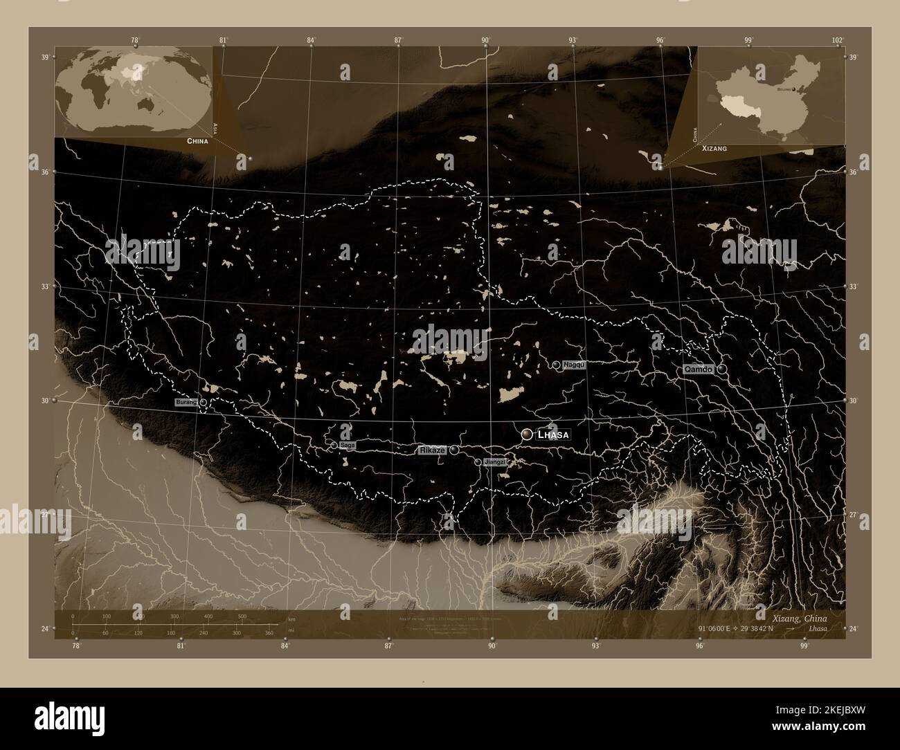 Xizang, autonomous region of China. Elevation map colored in sepia ...